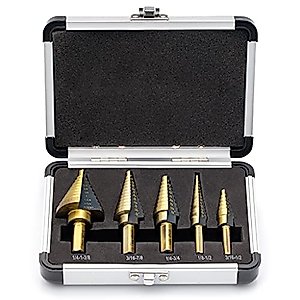 Segomo Tools 5 Piece SAE Multiple Hole 50 Sizes HSS Step Drill Bit Set with Aluminum Case | Stepped Drill Bit | Cone Drill Bit | Step Bit Set | Multiple Hole Drill Bit | Drill Step Bit - SDS5SAE