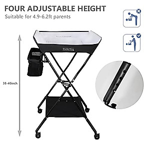 Kinder King Portable Baby Changing Table w/Wheels, Adjustable Height Folding Infant Diaper Station, Mobile Newborn Nursery Organizer, Large Storage Rack, Black