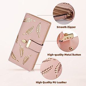 Sweet Cute Chocolate Women's Long Leaf Bifold Wallet Leather Card Holder Purse Zipper Buckle Elegant Clutch Wallet Handbag for Women - Pink