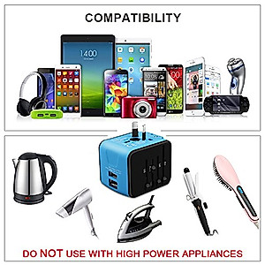 HAOZI Universal Travel Adapter, All-in-one International Power Adapter with 2.4A Dual USB, European Wall Charger for UK, EU, AU, Asia Covers 150+Countries (Blue)