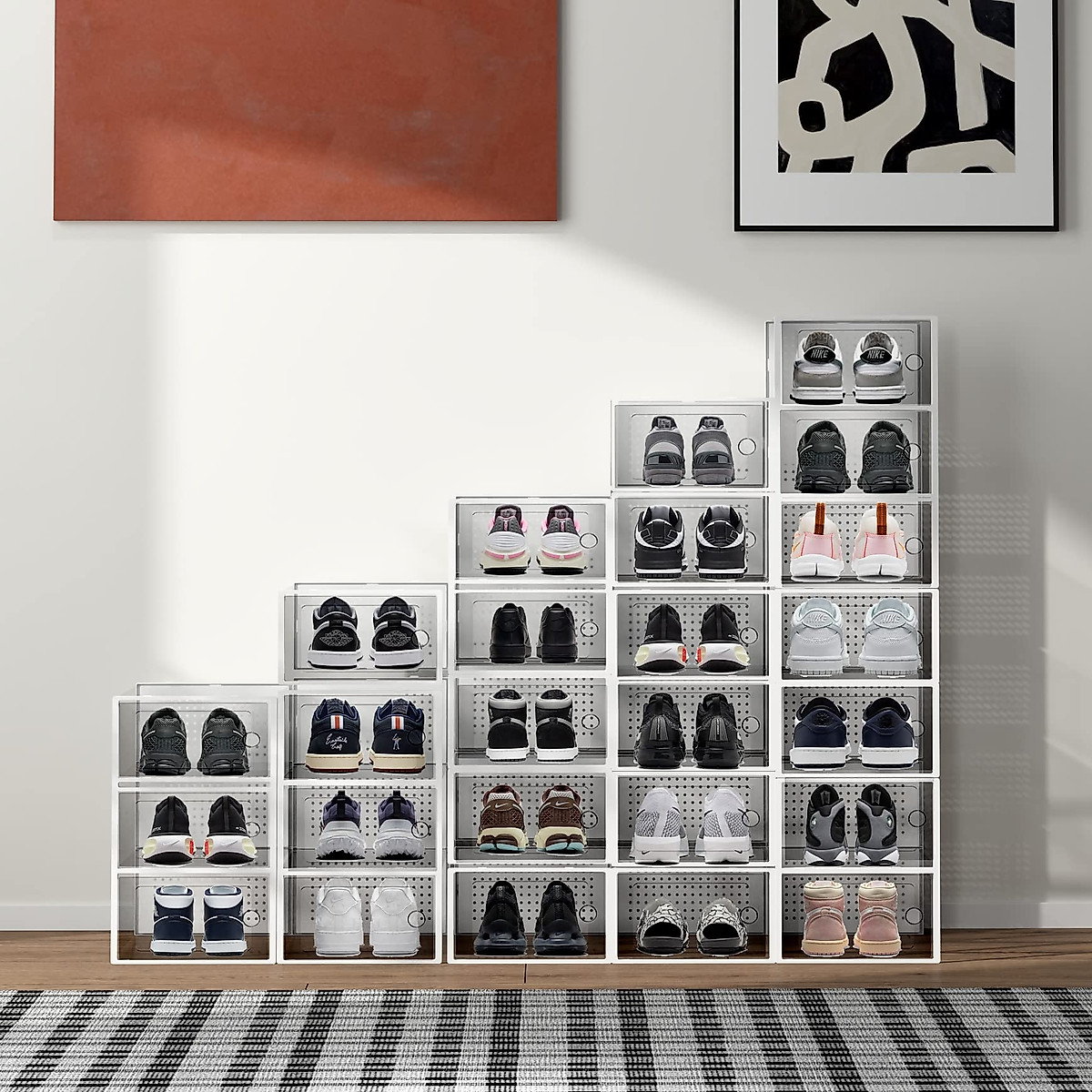 Hourleey 12 Pack Shoe Storage Box, Clear Plastic Stackable Shoe Organizer for Closet, Space Saving Foldable Shoe Rack Sneaker Containers Holders with Lids