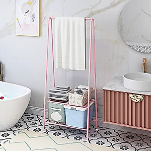 Jecpuo Clothes Rack with Shelves Heavy Duty Metal Garment Rack for bedroom clothing rack (Pink)