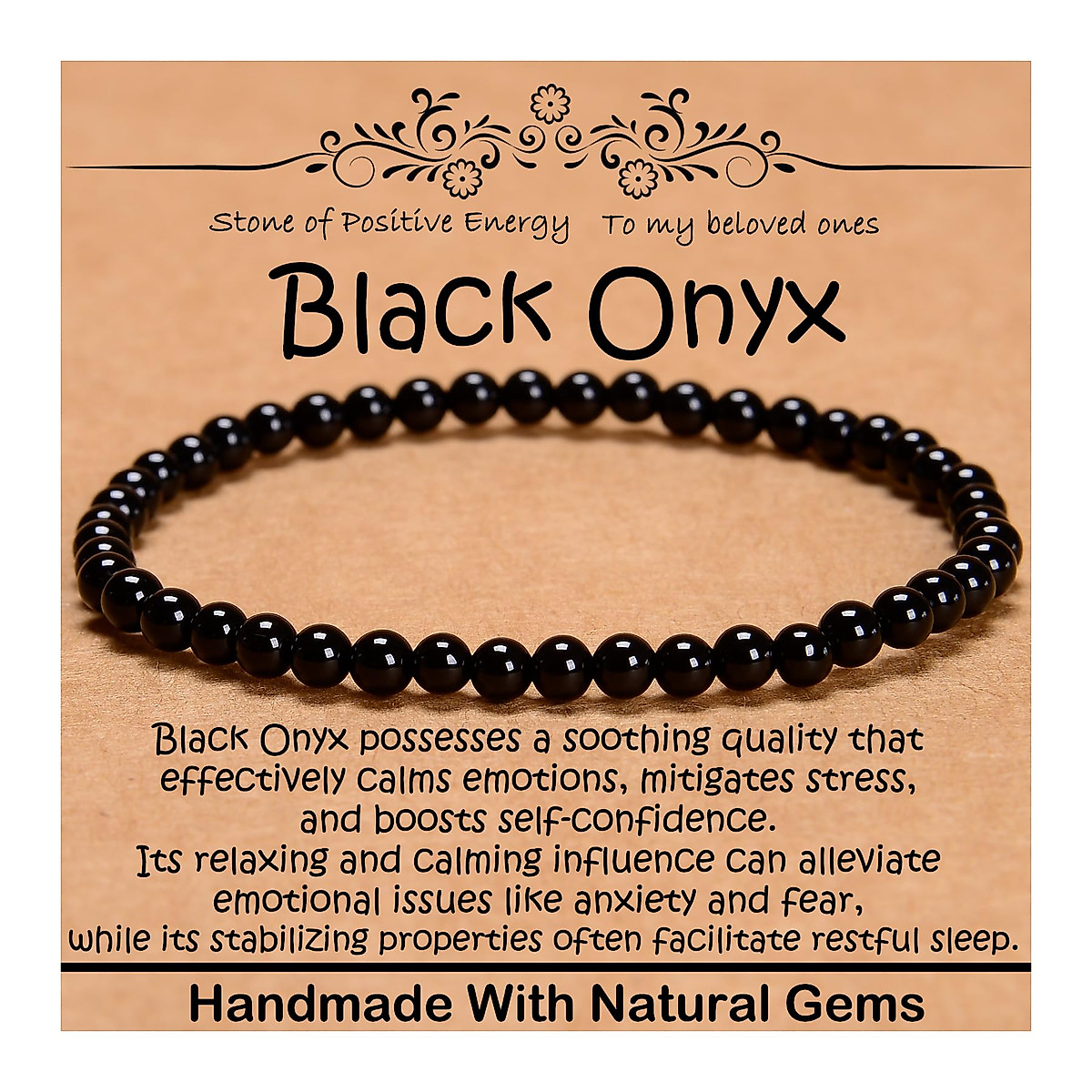 CHCCOYE 4mm Natural Healing Gemstone Bracelet Handmade Yoga Stretch Elastic Bracelet Stress Relief Crystal Jewelry for Men and Women (4mm, Black Onyx)