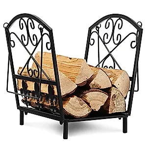 Goplus 14” Small Firewood Rack, Indoor Outdoor Decorative Firewood Storage Carrier Log Rack with Handles, Elegant Patterns & Raised Legs, Heavy Duty Firewood Holder for Fireplace, Fire Pit