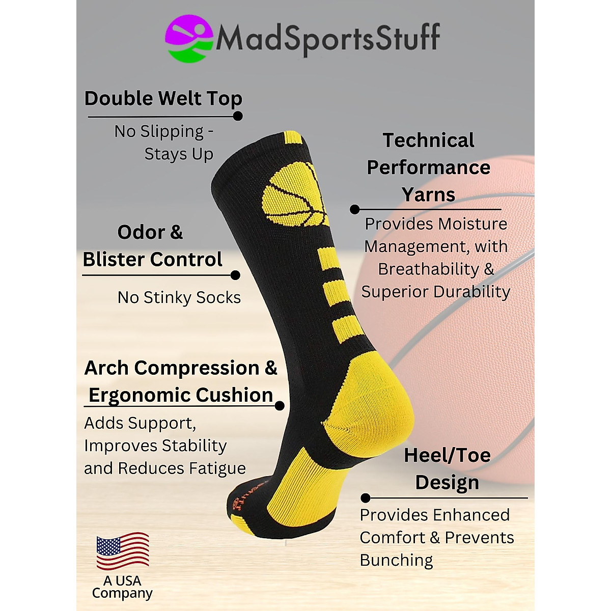 MadSportsStuff Basketball Logo Athletic Crew Socks, Medium - Black/Gold