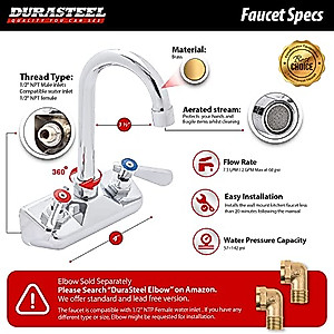Kitchen Sink Faucet Wall Mount - DuraSteel 4" Center Commercial Kitchen Sink Faucet with 3-1/2" Gooseneck Spout - Dual Lever Handles - Brass Constructed & Chrome Polished