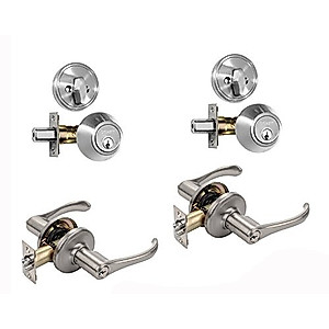 Dynasty Hardware CP-VAI-US15, Vail Front Door Entry Lever Lockset and Single Cylinder Deadbolt Combination Set, Satin Nickel (2 Pack) Keyed Alike
