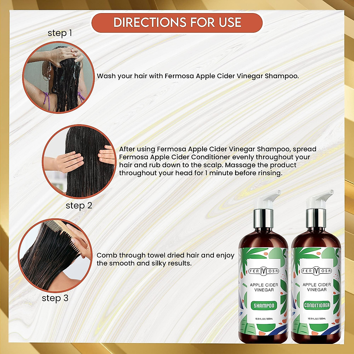 Fermosa Apple Cider Vinegar Shampoo and Conditioner Set - Clarifying Nourishing & Soothing, Reduce Itchy Scalp, Dandruff & Frizz, Adds Gloss, Hydration & Shine, Sulfate Free 16.9oz/ 500ml per bottle