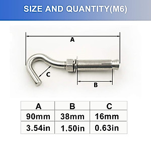 M6 Open Cup Hook Expansion Bolt Screws 304 Stainless Steel Anchor Ceiling Hook Bolts Heavy Duty Bolts 5 Pack