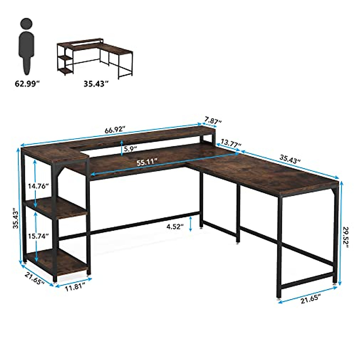 Tribesigns L Shaped Desk with Monitor Stand and Storage Shelves, Farmhouse Corner Computer Desk with Hutch, Crafting Gaming Table for Home Office, Rustic Style