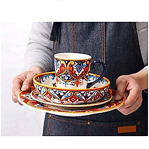 Fine Dinnerware Set,4 Pieces Rustic Style Red Vintage Pattern Ceramic Tableware Porcelain Plate Bowl Mug Dinner Gift