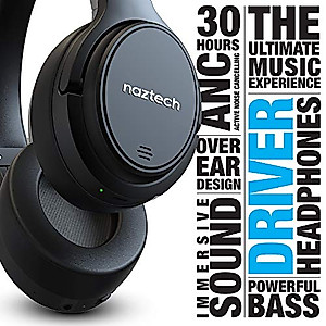 Naztech Driver ANC 1000 Active Noise Cancelling Bluetooth Wireless Headphones w/Mic Up to 50H Playtime for TV, Online Class + Home Office (Black) 15136