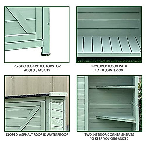 Hanover Vertical Green Wooden Shed with Shelves and Sloped Waterproof Roof with 7-Cu.Ft Storage Space (1.7'x2.25'x4.7'), Outdoor Storage Unit for Organizing Garden Supplies, Patio Accessories & Tools