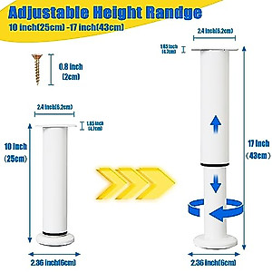 Olldag 4 PCS Adjustable Furniture Legs 10-17 inch for Bed Frame, Metal Adjustable Height Support Legs for Bed/Sofa/Cabinet/Couch/Dresser/Table -Heavy Bed Replacement Legs (White)