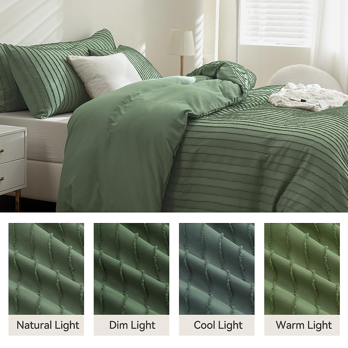 JELLYMONI Green Duvet Cover Queen Size - 3PCS Microfiber Tufted, Boho Striped, Textured Duvet Cover with Corner Ties & Zipper Closure