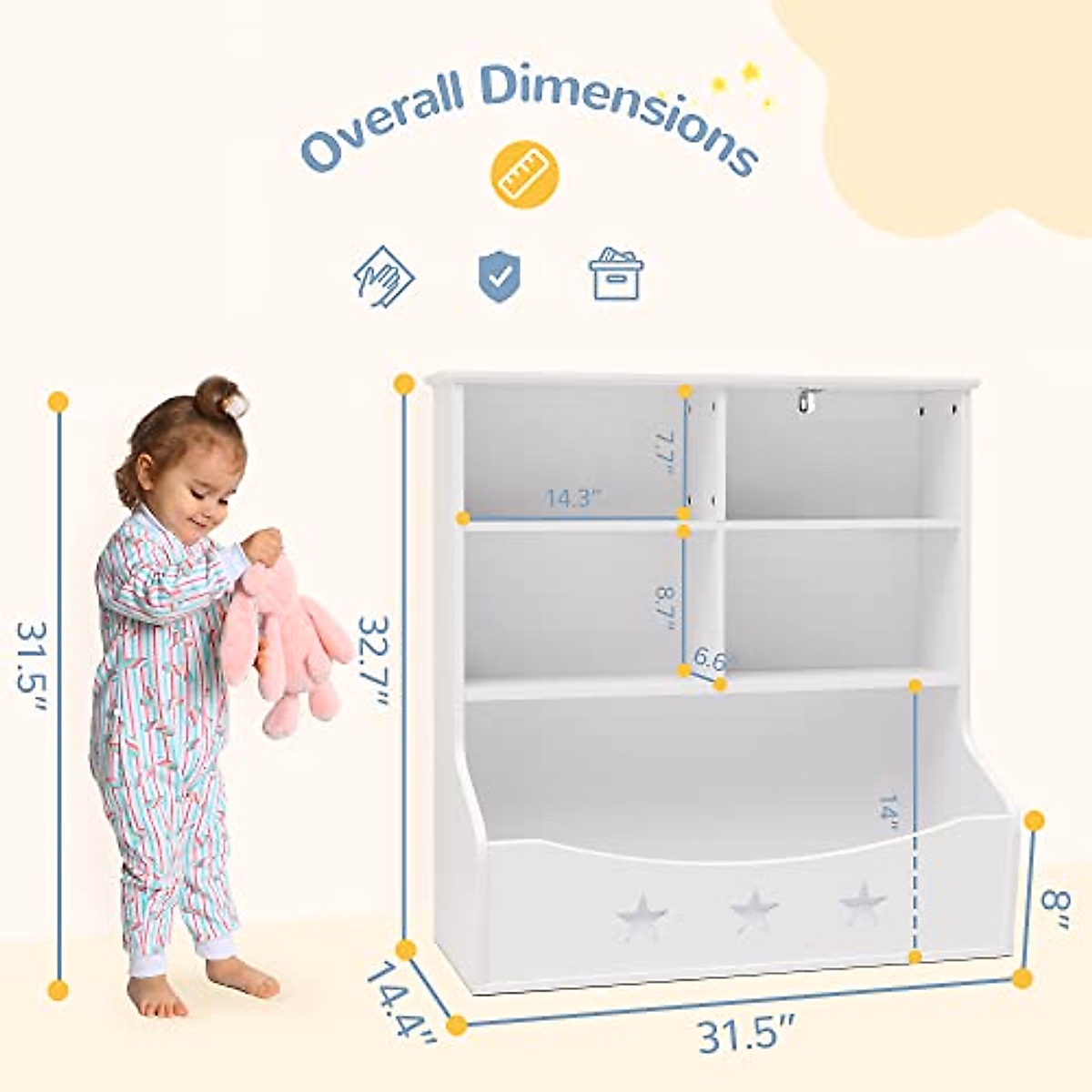 Curipeer Kids Bookshelf, 3-Shelf Storage Bookcase,Large Wooden Open Book Shelf with 5 Cube Units, Star Pattern Toy Organizer and Storage Cabinet for Playing Room, Nursery, Baby's Bedroom, White