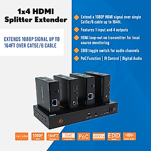 J-Tech Digital HDMI Extender Splitter 1x4 Over Single Cat5e/6 Ethernet Cable Up To 164ft. Supports PoC HDMI Loopout IR Control EDID Switch