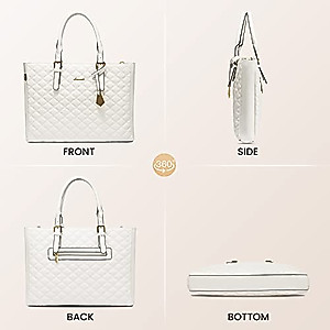 LOVEVOOK Laptop Bag for Women, Work Tote Bag Quilted Leather Computer Shoulder Bag, 15.6 inch Laptop Tote Purse Set, Waterproof Business Briefcase Handbag 2 PCS for Office,Teacher Beige