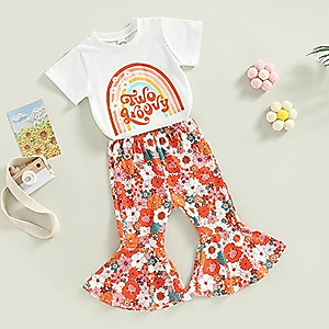 Toddler Baby Girl Summer Clothes Short Sleeve Groovy T-Shirt Flower Bell Bottoms Bobo Baby Girl Clothes 1-6T (Two Groovy-White, 2-3 Years)