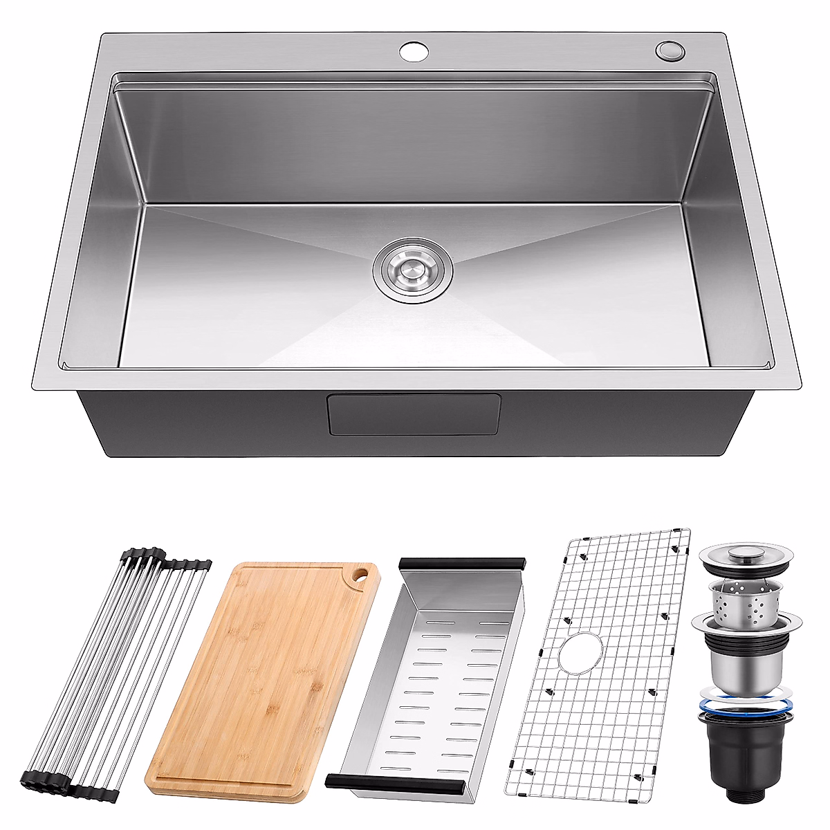 Homikit Kitchen Sink 33 x22 Inch, 16 Gauge Stainless Steel Topmount Drop In Kitchen Sinks Single Bowl 2-Hole R10 Corner, 10" Deep Large Handmade Farmhouse Workstation Sink with 5 Pack Accessories