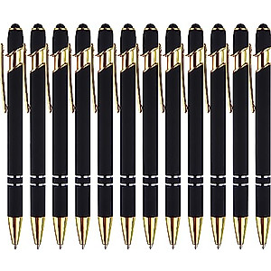 LINFANC 12 Pack Black Gold Ballpoint Pen with Stylus Tip, 1.0 mm Black Ink Smooth Writing Pens, Metal Stylus Pens for Touch Screens