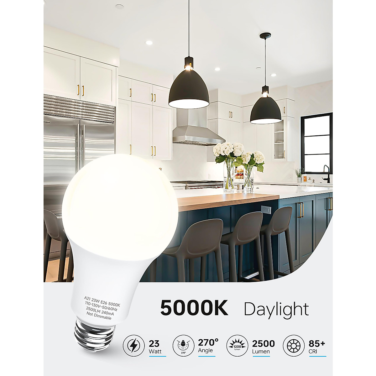 KINDEEP 23W LED Bulbs, A21 Super Bright Light Bulb, 150W-200W Incandescent Bulb Equivalent, E26 LED Light Bulbs, 2500 Lumens, Daylight White 5000K for Store, Garage, Warehouse, 6 Pack