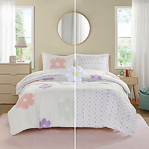 Urban Habitat Kids Queen Comforter Set for Girls, Tufted Chenille Floral Comforter Set Queen, Lightweight Polka Dot Comforter Reversible Bed Set, Shams, Pillow, Gracie, Full/Queen White/Purple 4 Piece