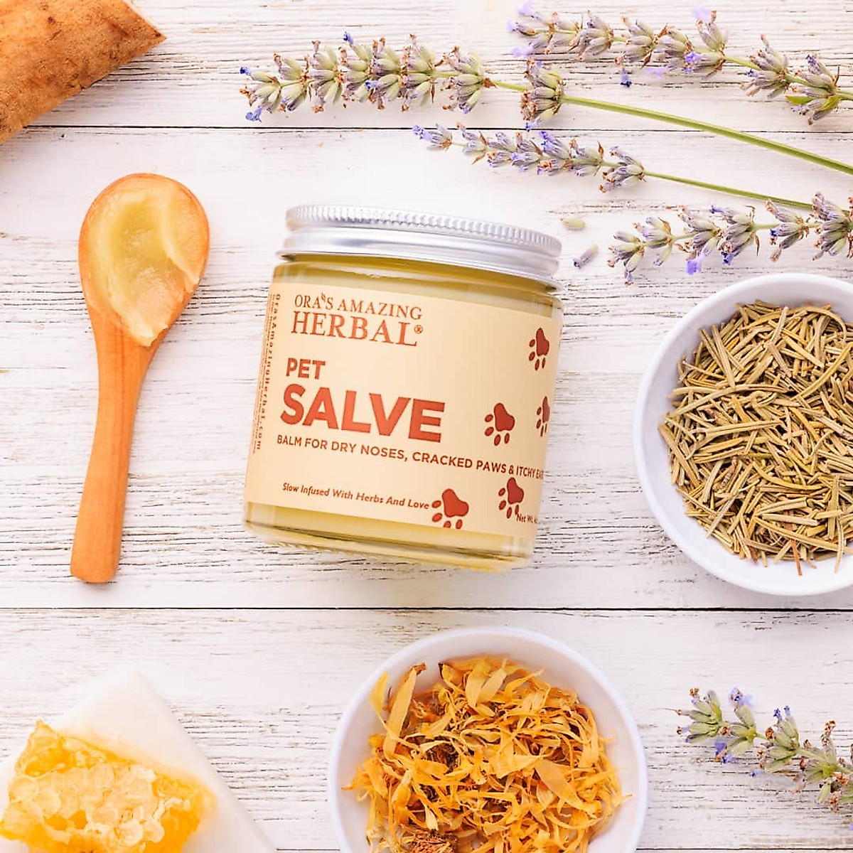 Pet Salve, Dog Paw Balm, Dry Noses Cracked Paws, Hot Spots, Itchy Ears, Lightly Scented with Lavender Essential Oil and Rosemary, Cruelty-Free, No Tea Tree Oil, Safe for Pets, Ora's Amazing Herbal 4oz