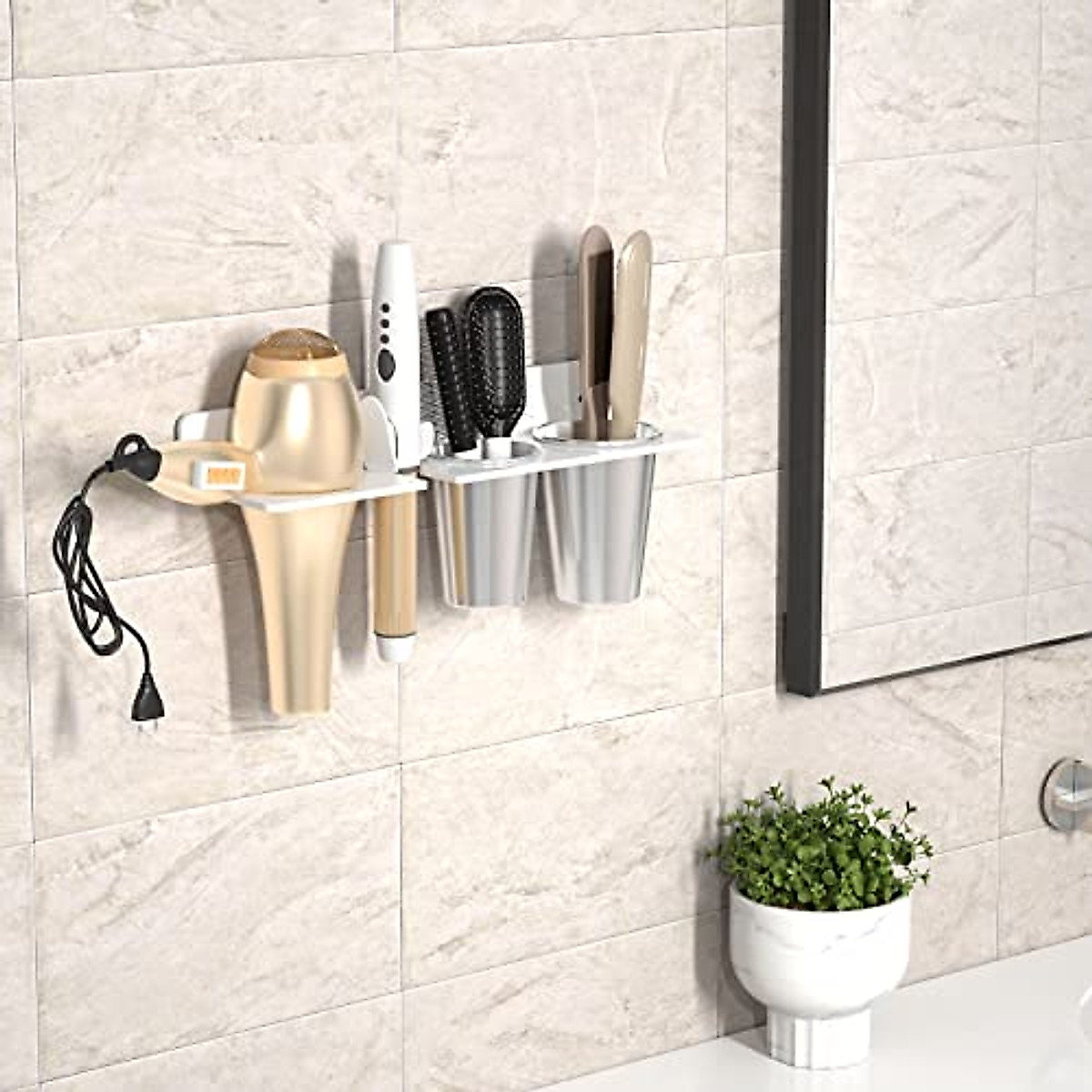 HIIMIEI Hair Tool Organizer Wall Mount, White Acrylic Hot Tool Holder with 2Cups, Bathroom Hair Styling Accessories Storage Organizer for Flat Iron, Blow Dryer, Curling Wand, Hair Straighteners, Brush