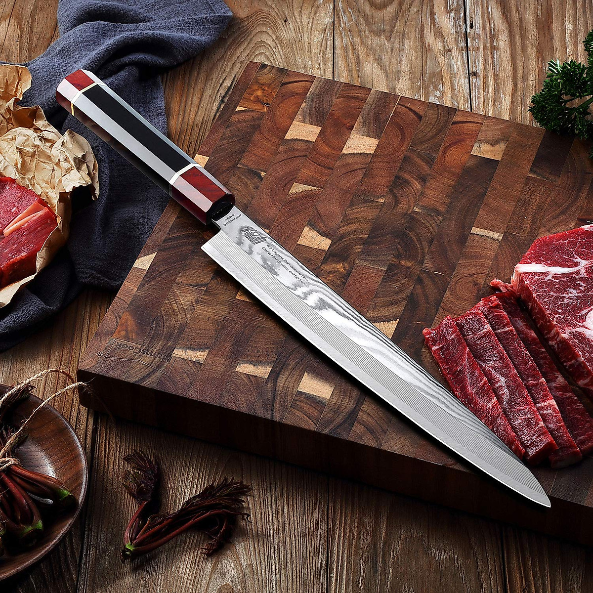 FINDKING Prestige Series Yanagiba Knife with Walnut Cover, Japanese SKD11 Damascus Steel Blade, Ebony Wood Octagonal Handle, Professional Sashimi Sushi Fish Knife (10.5 Inches, with Wooden Gift Box)