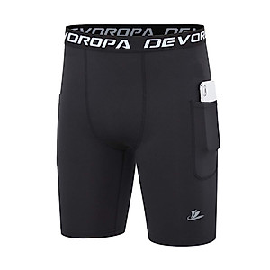 DEVOROPA Youth Boys' Compression Shorts Performance Athletic Base Layers Workout Training Underwear Side Pocket Black/Black M (Pack of 2)
