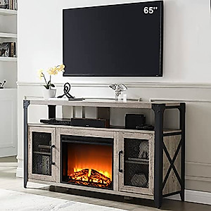 OKD Fireplace TV Stand Highboy for 65 inch TV, Industrial Entertainment Center w/ 23” Electric Fireplace, 33" Tall Media Console Cabinet w/Soundbar Shelf, Light Rustic Oak
