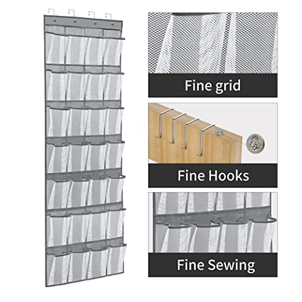 smellshark Hanging Shoe Rack Holder with 28 Extra Large Mesh Pockets Door Shoe Organizer with 4 Metal Hooks for Men,Women,Kids Storage Shoes,High Heels,Slippers,Accessories,Toiletries, Grey