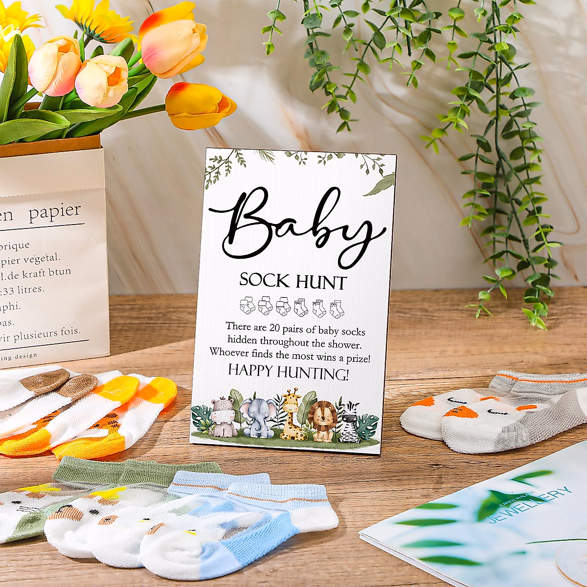 Hoteam 21 Pcs Baby Shower Games Include Baby Sock Hunt Sign and 20 Pair Small Cotton Baby Socks Wooden Table Sign with Holder for Boy and Girl Gender Reveal Party Favors(Safari,Animal Style)