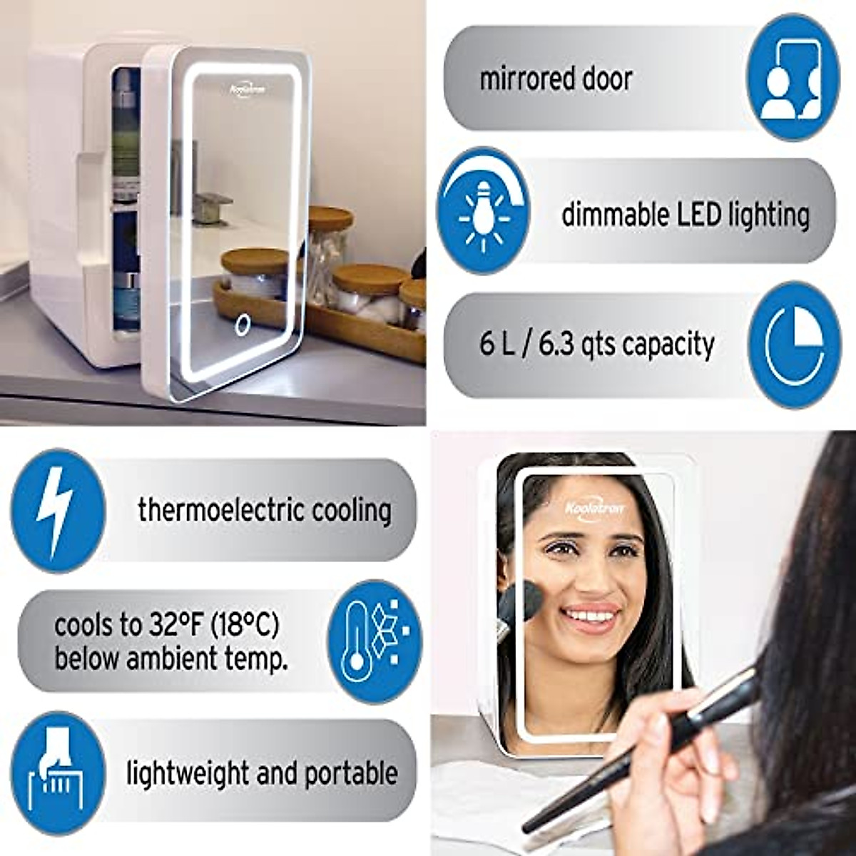 Koolatron Cosmetics Fridge w/Lighted Makeup Mirror, 6L Portable Skincare Refrigerator w/LED Ring Light, 12 Volt DC and 110 Volt AC Cords, Beauty Serum, Face Mask, Home, Travel, Hotel, Dorm, Office
