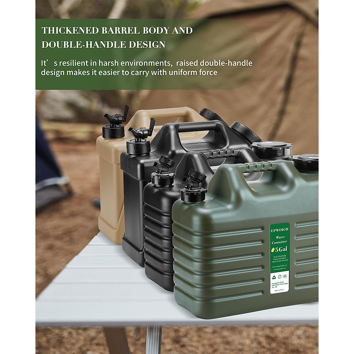 UPWOIGH 5 Gallon Water Jug, Camping Water Container, Truly No Leakage Water Storage, Large Military Green Water Tank,BPA Free Portable Emergency Overlanding Gear for Outdoors Hiking