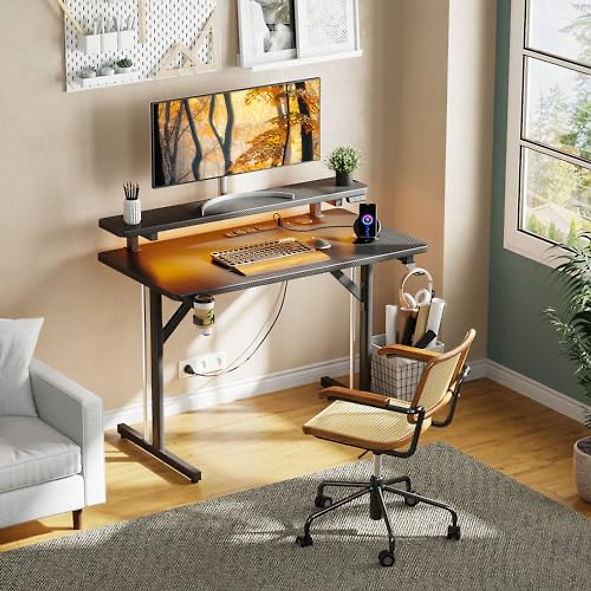 MOTPK Small Gaming Desk with LED Lights & Power Outlets, 31 Inch Computer Desk Gaming Table with Monitor Shelf, Gamer Desk with Carbon Fiber Texture, Kids Boys Desk Gift for Men