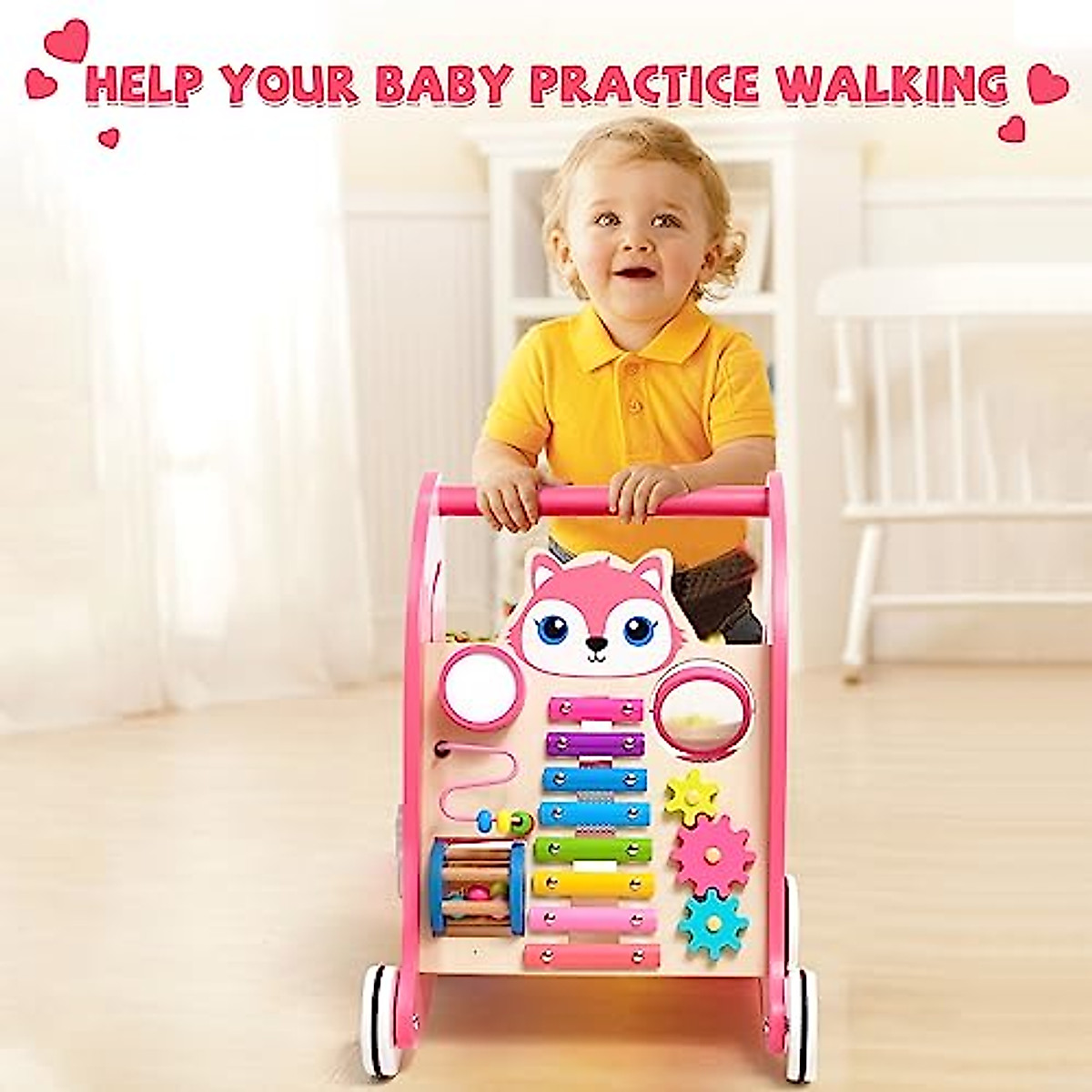 NUKied Wooden Baby Walker Baby Push Walker with Multiple Entertainment Activity Center, Sit-to-Stand Learning Baby Walkers for 9M+ Boys Girls Infants
