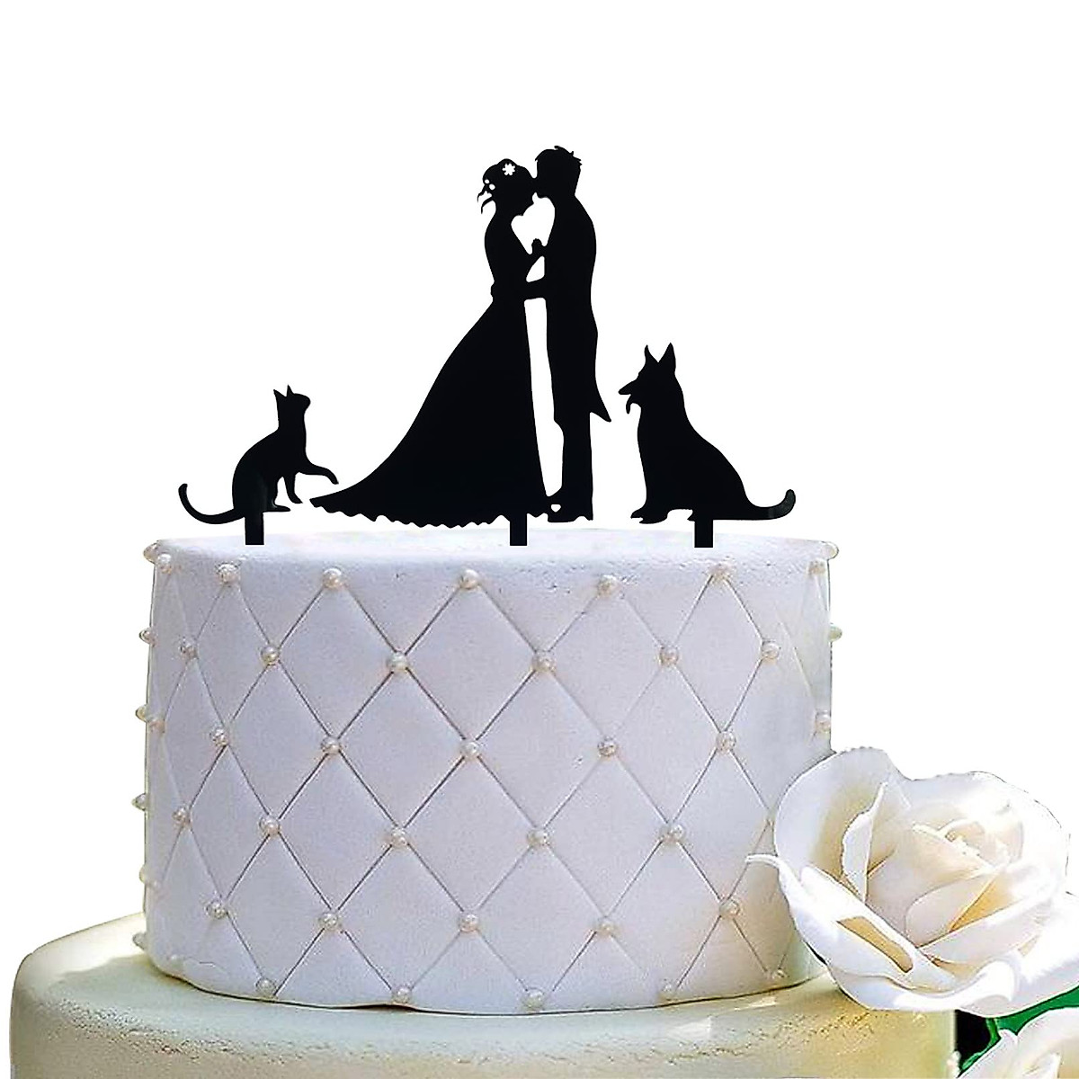 Mr and Mrs Cake Topper,Kissing Bride and Groom with Cat and Dog Silhouette Wedding Cake Topper
