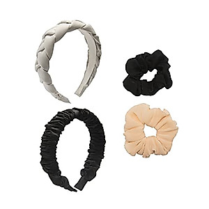 Black Diamond Headbands and Hair Scrunchies Premium 4 Piece Set. White Faux Suede Braided Headband, Black Ruched Velvet Headband and 2 Large Ribbed Black and Pleated Off-White Light Buff Scrunchies. Strong Hold, Elastic Hair Scrunchies Elegant Headband fo