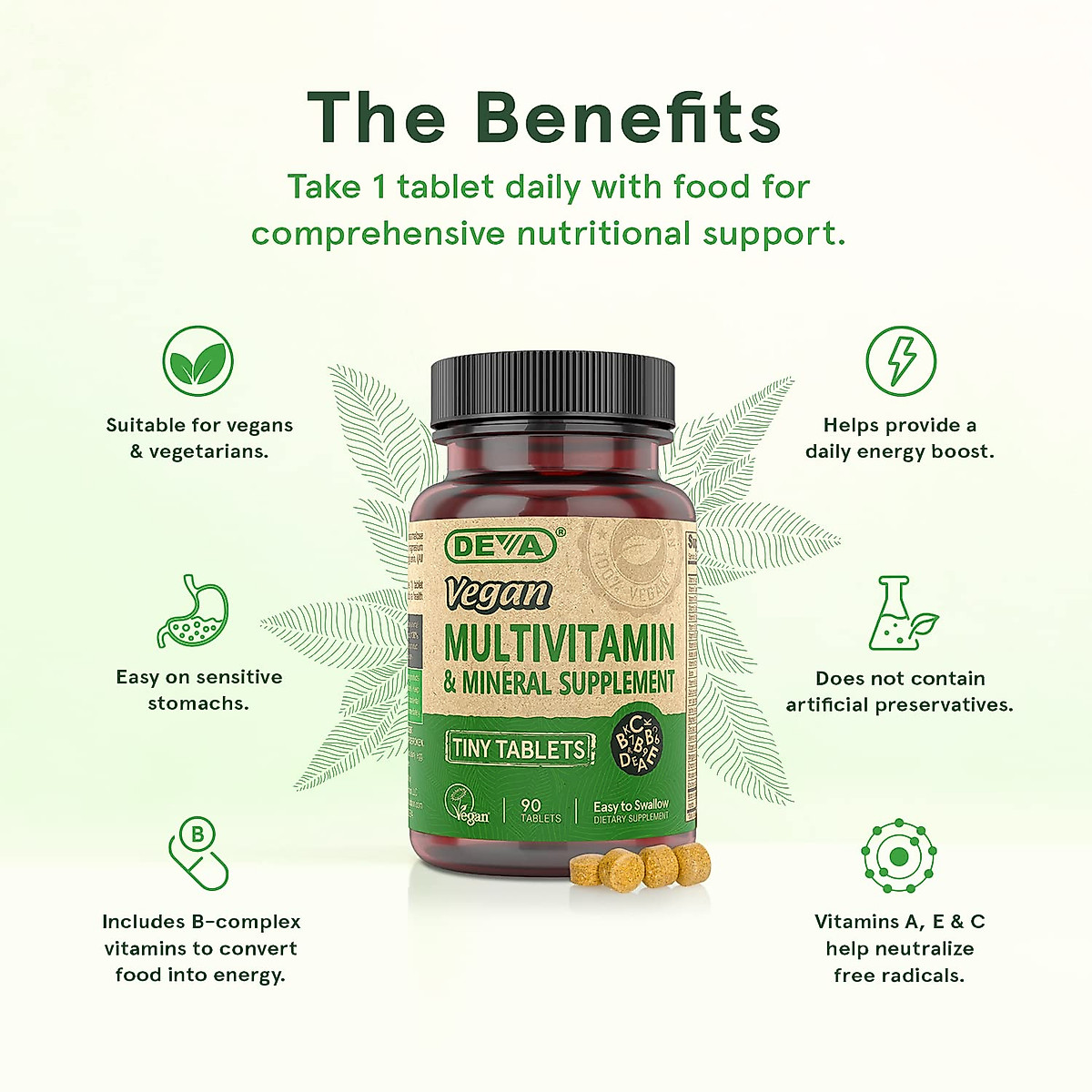 DEVA Tiny Tablets Vegan Multivitamins for Women & Men, Multivitamin with Iron, Mineral Supplement, Vitamin C, Vitamin B Complex, Vitamin B12, Vitamin E, Zinc, Gluten Free, 90 Tablets (Pack of 2)