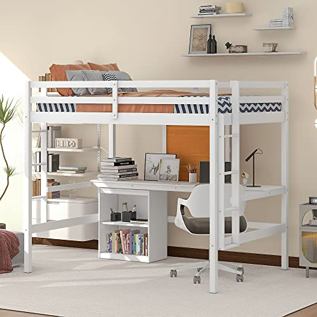 Lifeand Full Size Loft Bed with Desk and Writing Board, Wooden Loft Bed with Desk & 2 Drawers Cabinet,White