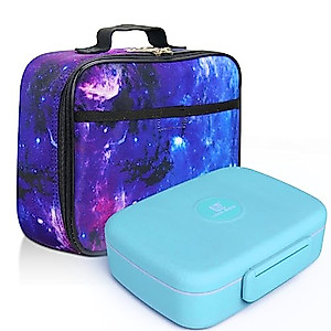 Fenrici Kids Lunch Bag and Bento Box Set, Insulated Lunch Box for Boys, Girls with 5 Compartment Container, Utensils Included for School, BPA Free, Purple Galaxy, Pastel Blue Bento