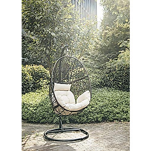 LUCKYBERRY Outdoor Wicker Tear Drop Hanging Egg Chair Color Cushion Beige
