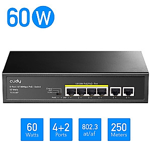 Cudy FS1006P 6-Port 10/100M PoE Switch 60W, 4 PoE Ports, CCTV Mode (Transmit Distance to 250m at 10Mbps), PD Detection,Fan-Less, Steel Case, Desktop and Wall-Mount, 802.3at / 802.3af