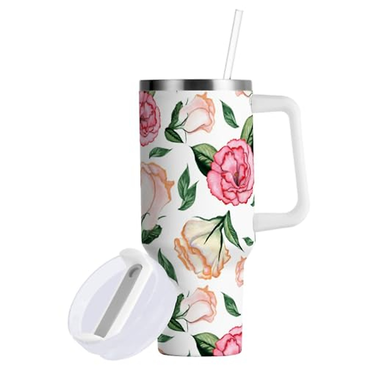 Adornlife Flower Pink Rose 30 oz Tumbler with Handle and Straw Lid, 100% Leak-proof Travel Coffee Mug, Stainless Steel Insulated Cup For Beverages, Cupholder Friendly