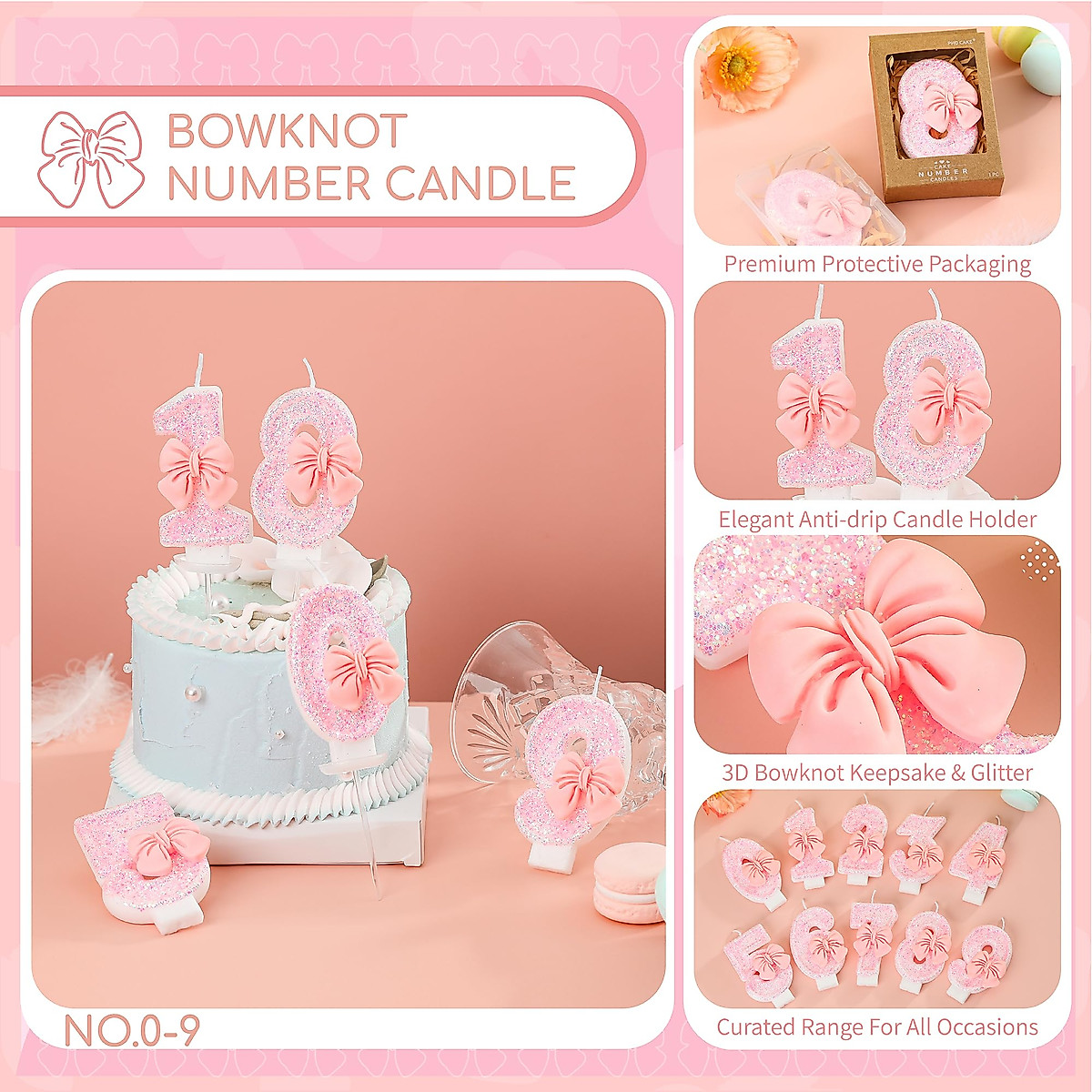 PHD CAKE 2.76 Inch Number 1 Pink Bowknot Birthday Candles, Cute Themed Number Candles, Party Celebration