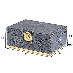 HofferRuffer Elegant Faux Leather Decorative Box, Storage Jewelry Box Organizer, Large Dresser Cosmetic Organizer Holder, Classic Jewelry Accessory Organizer, Grey Shagreen, 11x8x4.8 inches