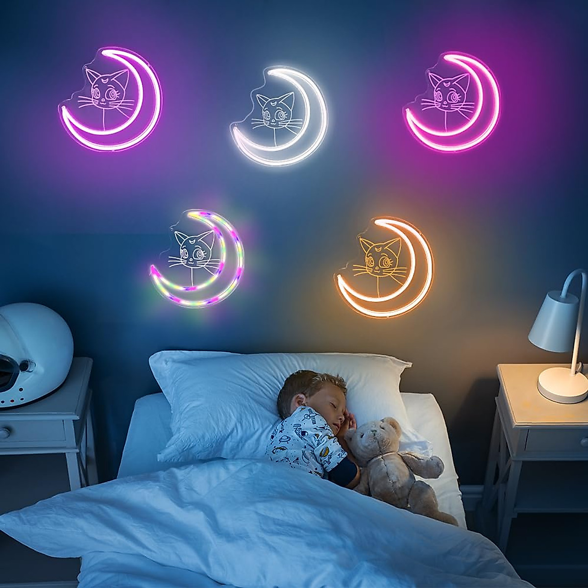 JXIN Moon Neon Sign, Adorable Anime-Inspired Luna Cat Moon Light for Girl's Teen Room Wall Decor, Kawaii Gamer Room, Birthday Decorations