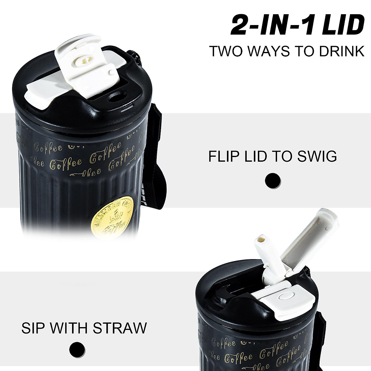 14oz Insulated Travel Tumblers with Lid, Travel Coffee Mug Stainless Steel Vacuum Thermos Cup, Leak Proof Reusable Cute Coffee Tumbler for Iced and Hot Drinks,Black